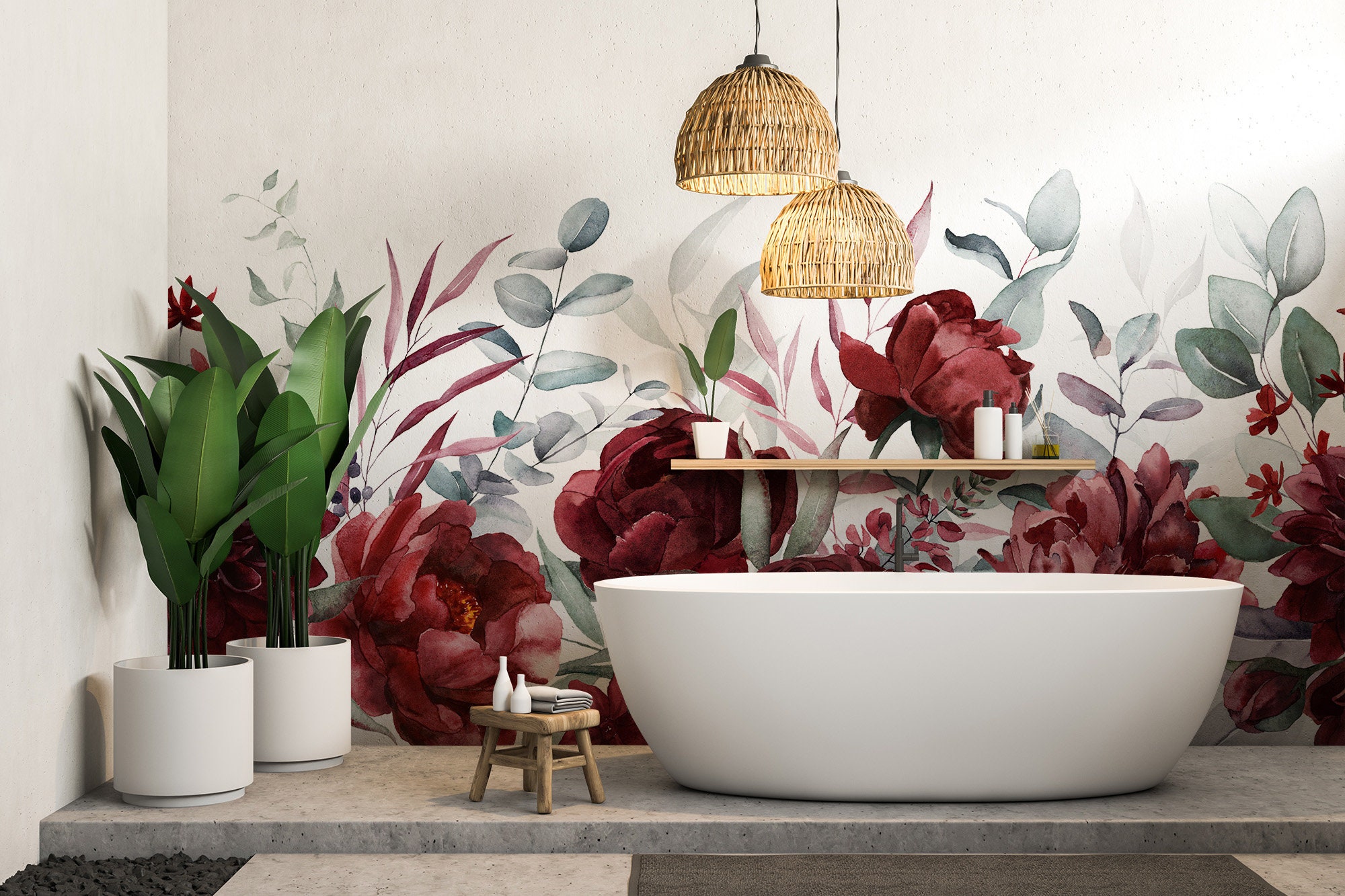 Watercolor Floral Wallpaper With Rose and Peony, Blossom Wall Mural ...