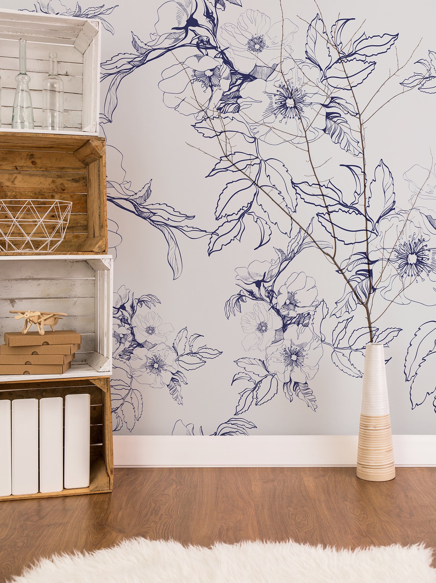 Blue Flowers and Leaves Wallpaper | Peel & Stick | Self Adhesive ...