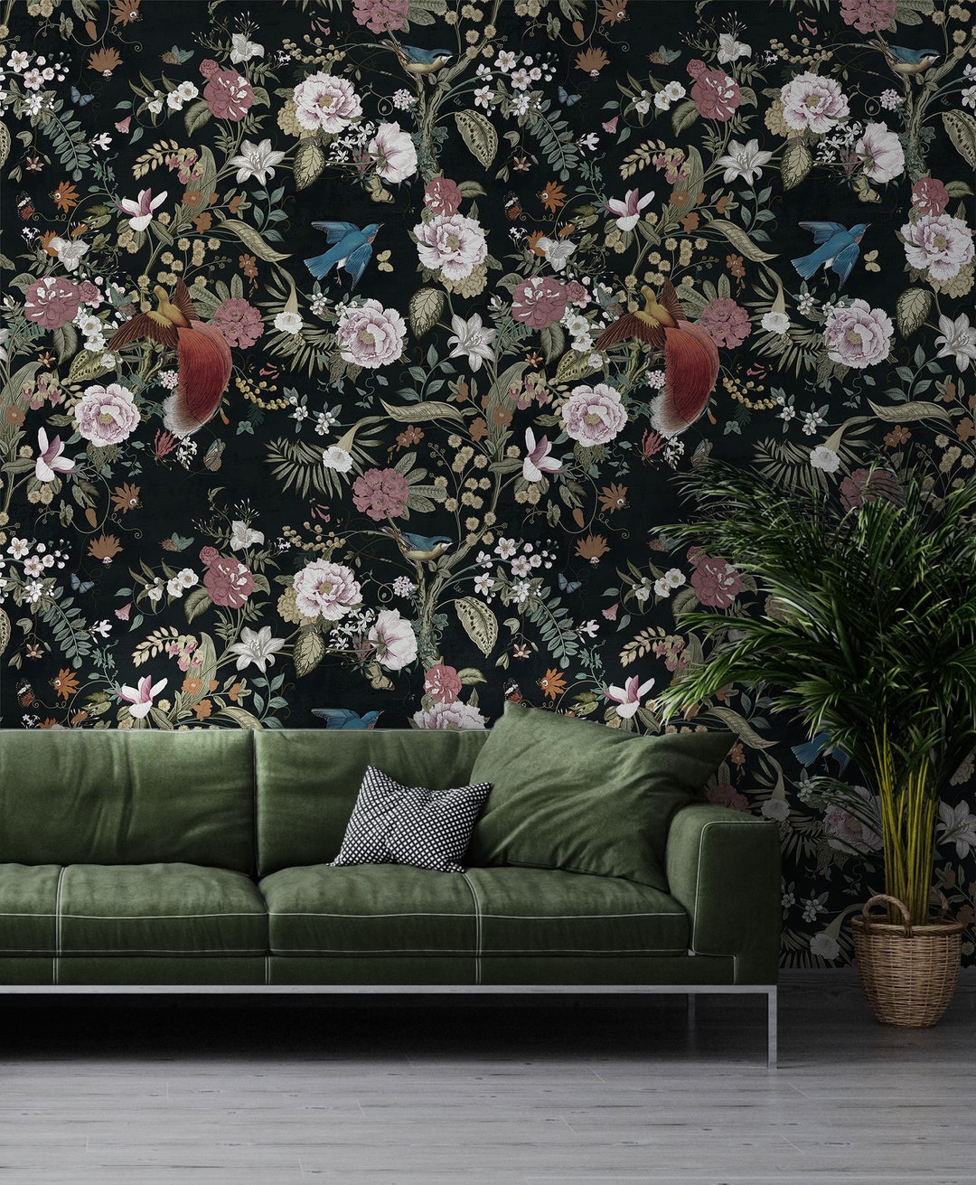 Dark Chinoiserie Botanical Wallpaper, Vintage Bird and Floral Wallpaper ...