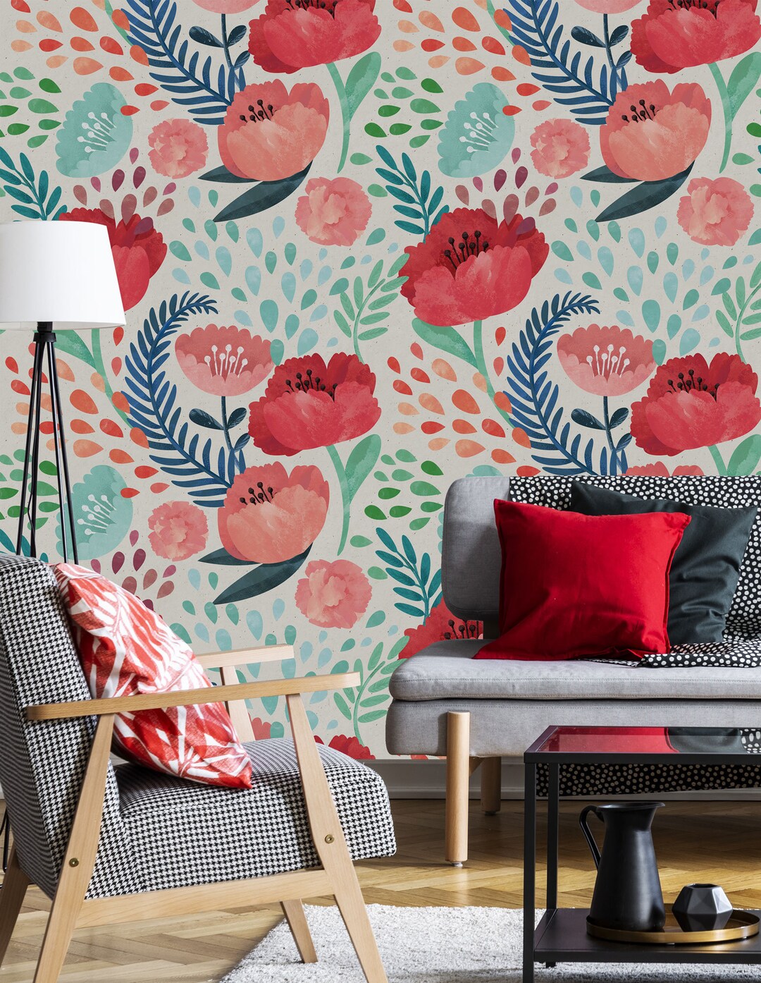 Red Poppy Flowers and Leaves Wallpaper| Peel & Stick | Self Adhesive ...