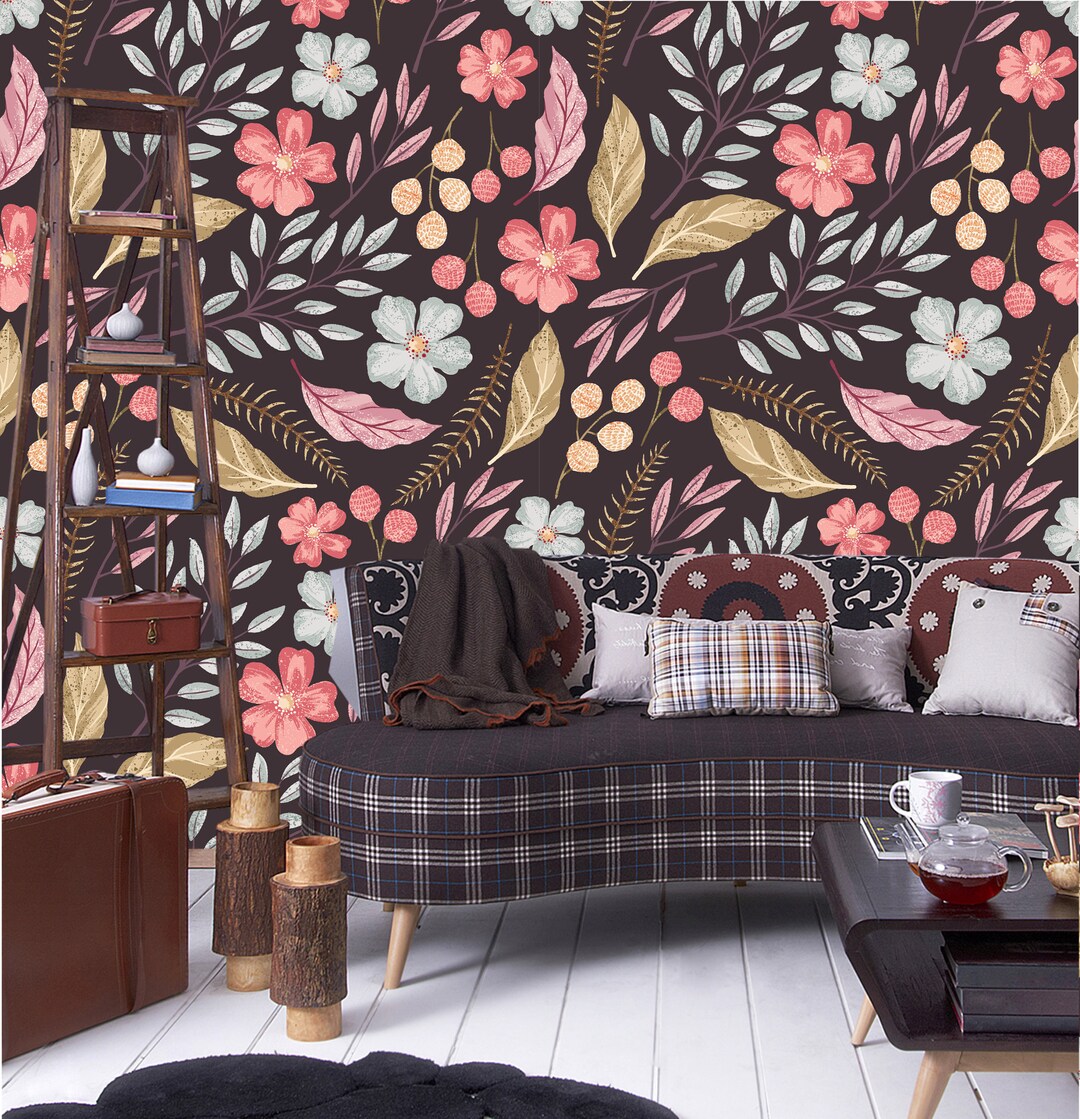Dark Brown Wallpaper With Spring Flowers | Peel & Stick | Self-adhesive ...