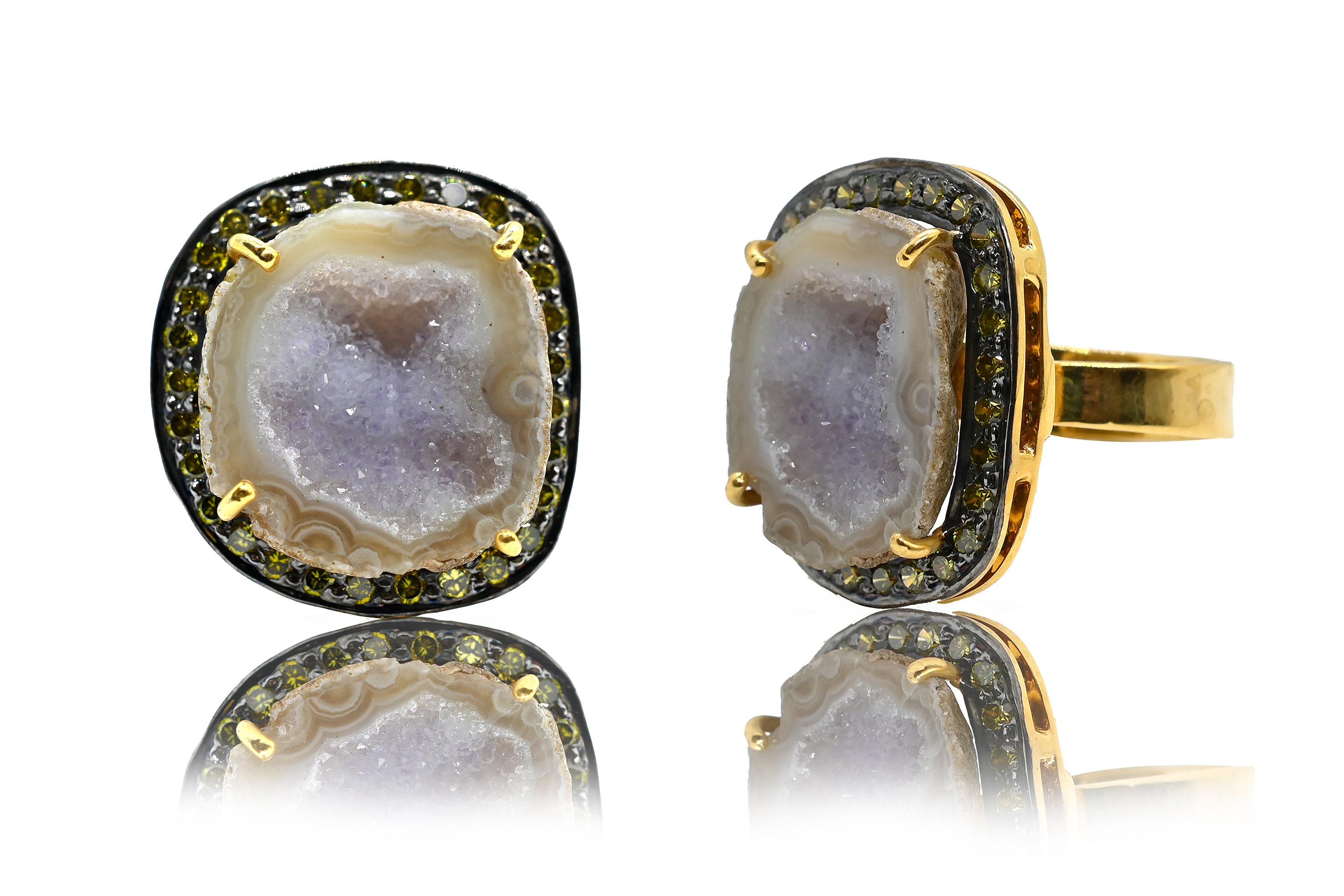 Geode Pave Diamond Ring, 24k Gold Plated White Geode Stone Druzy Ring ...