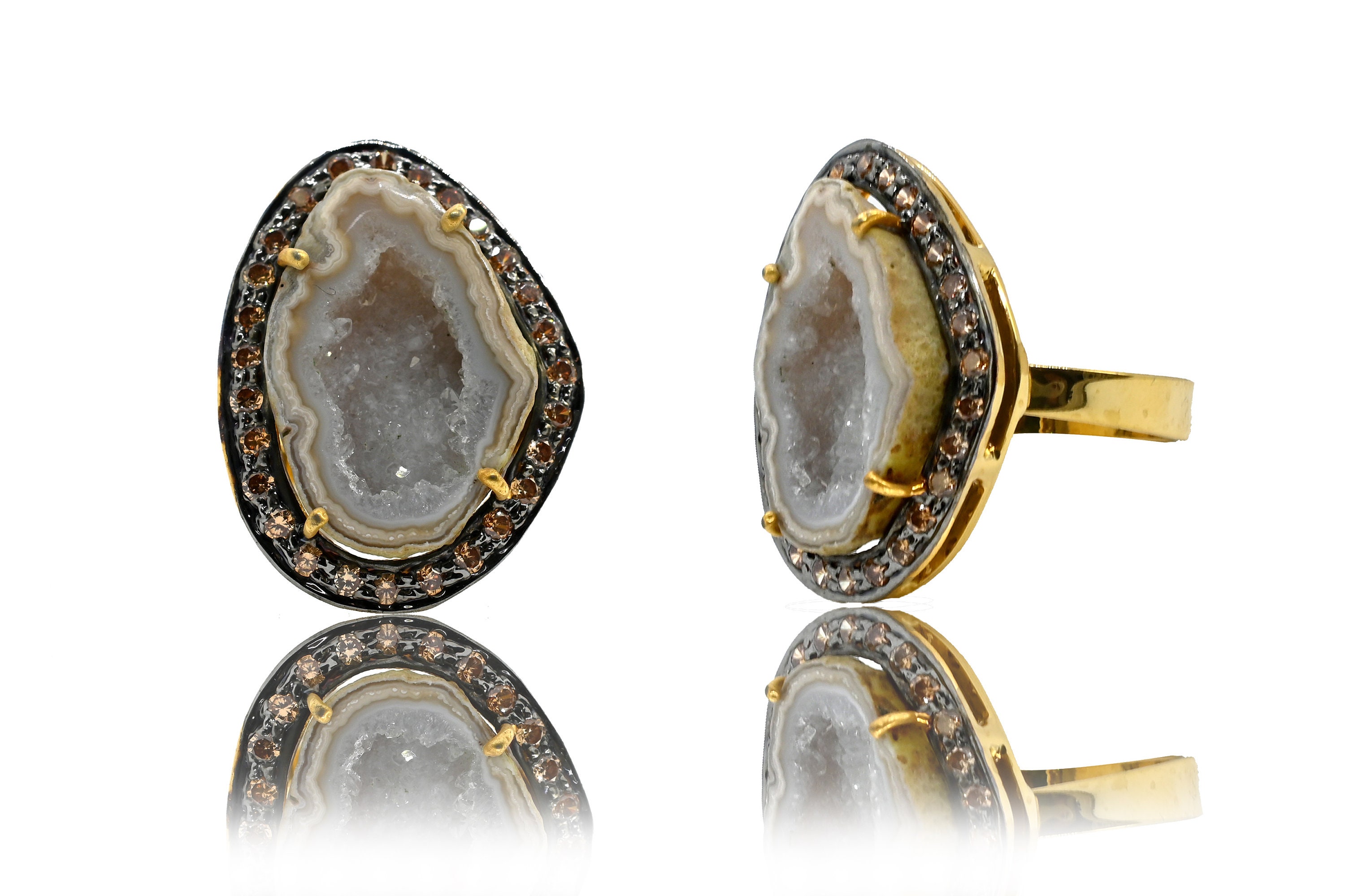 White Geode Pave Diamond Ring 24k Gold Plated Geode Stone - Etsy