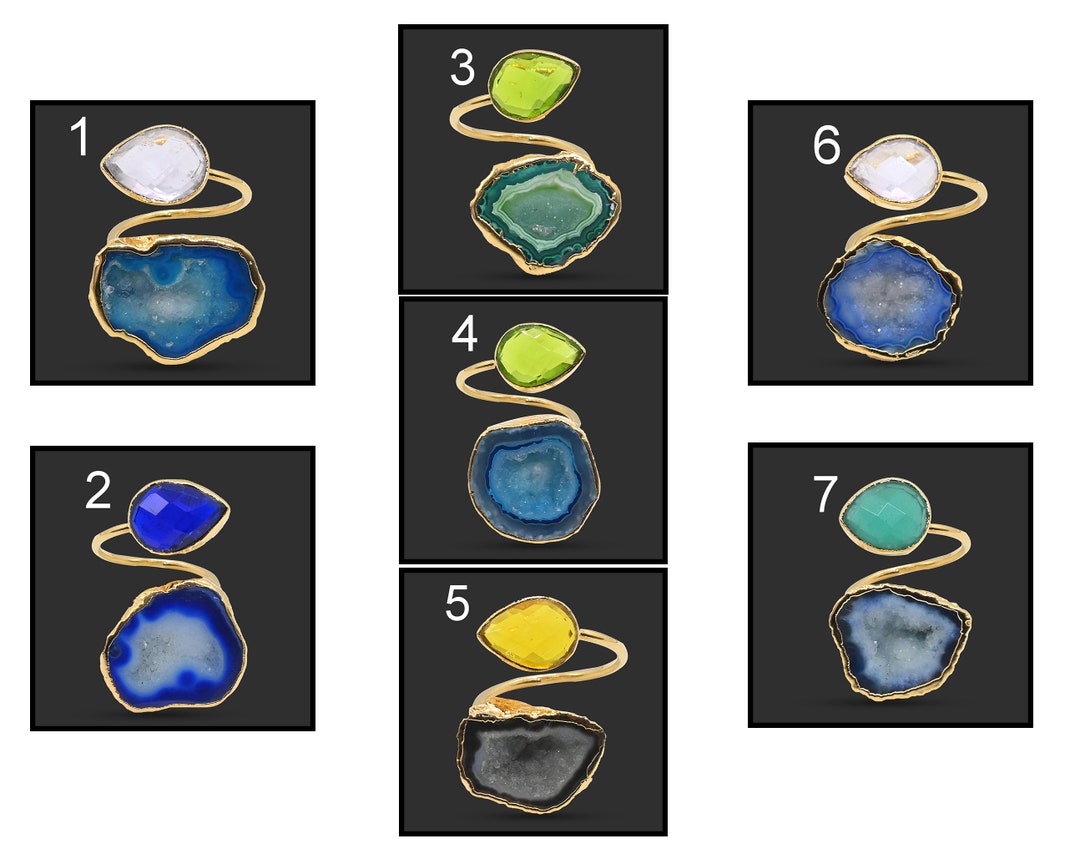 Geode Druzy Rings for Women Girl, Hydro Quartz Pear Geode Druzy Gold ...