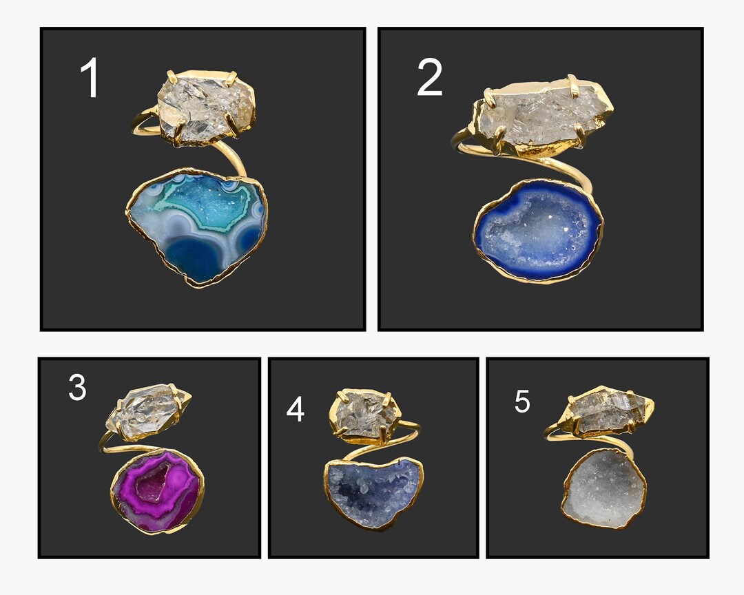White Herkimer Diamond Geode Ring, Natural Crystal Gold Plated Ring ...