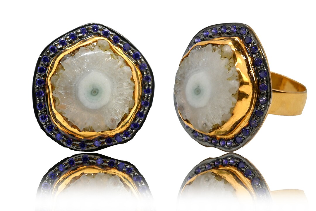 Solar Geode Pave Diamond Ring, 24k Gold Plated White Geode Stone Druzy ...