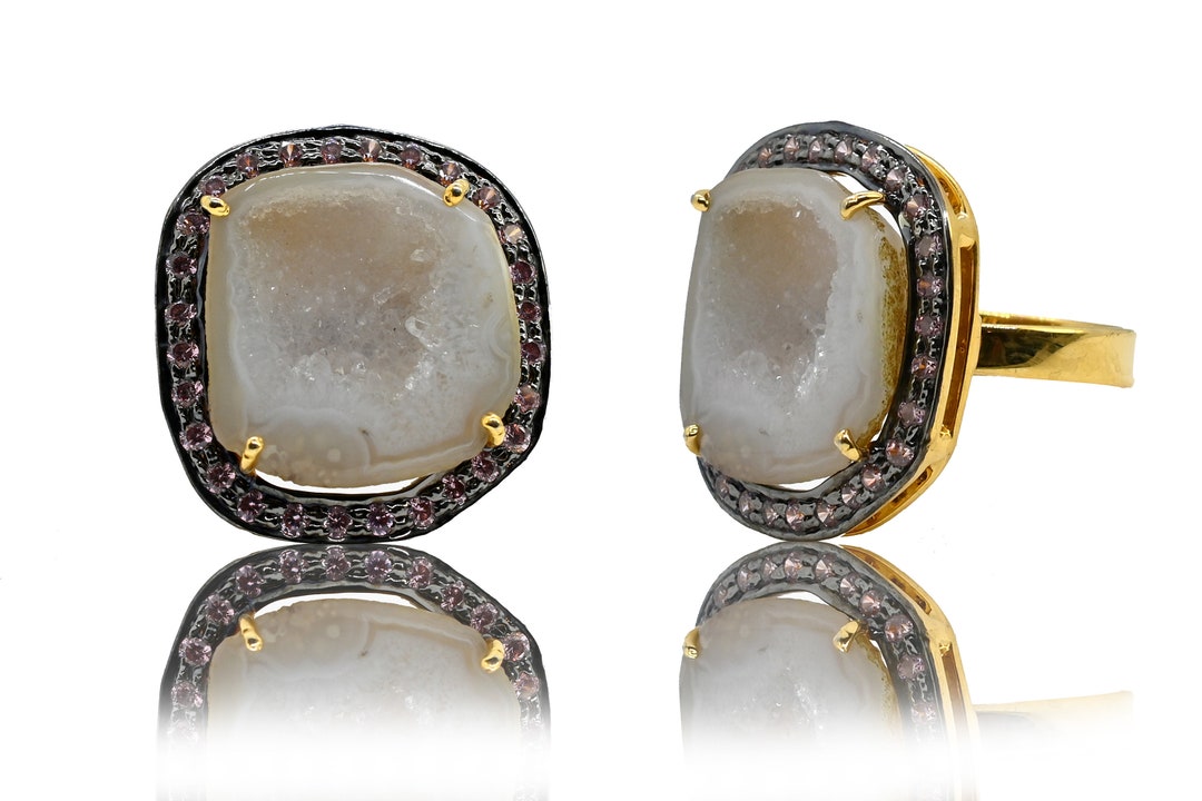 White Geode Pave Diamond Ring, 24k Gold Plated Geode Stone Druzy Ring ...