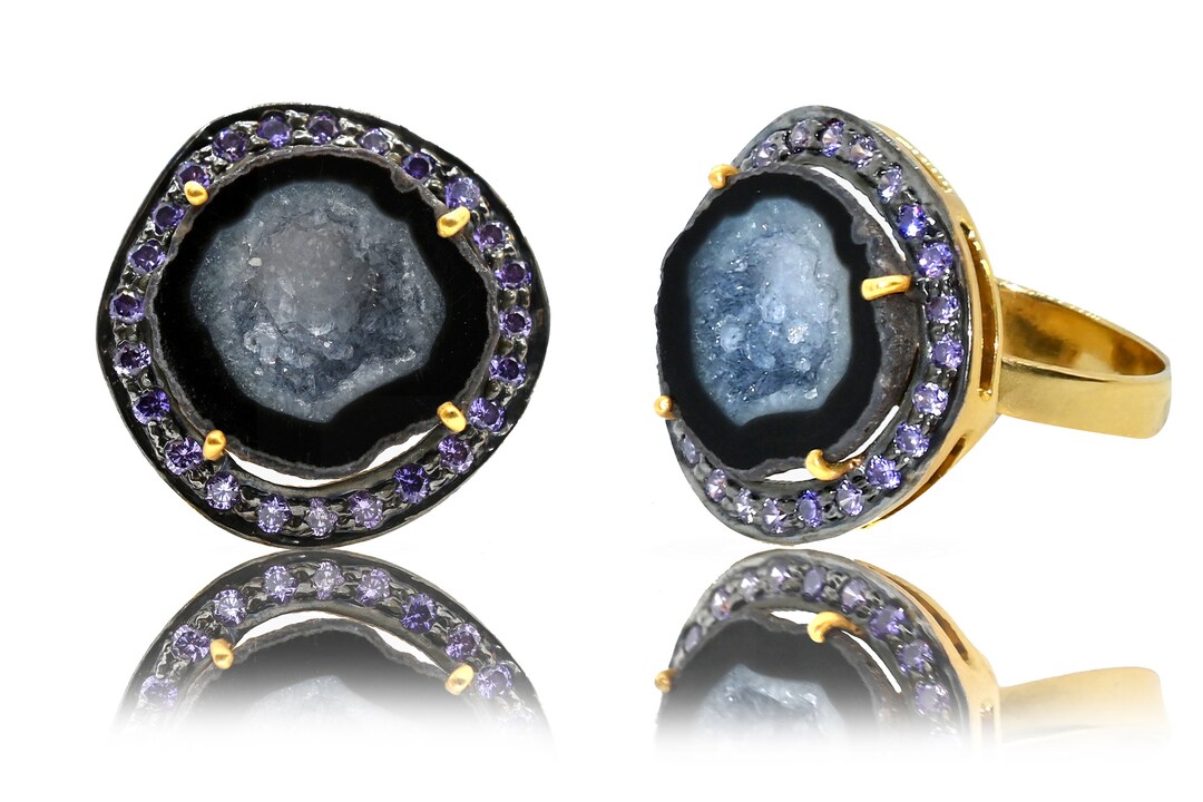 Black Geode Pave Diamond Ring, 24k Gold Plated Geode Stone Druzy Ring ...