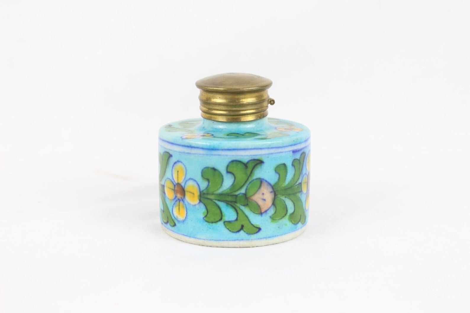 Vintage Indian Floral Art Blue Pottery Ceramic Ink Pot W/ Brass Cap Ink ...