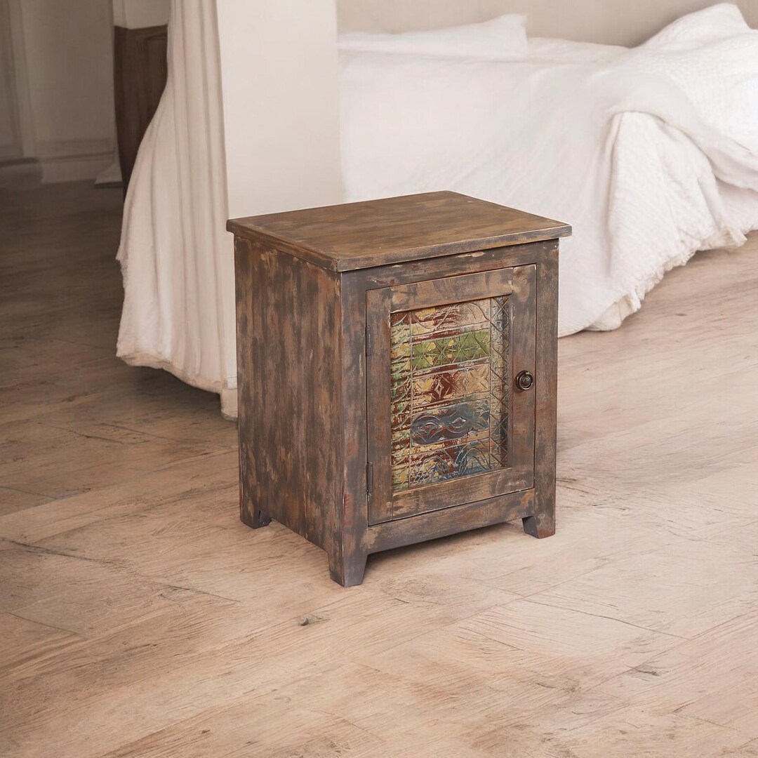 Handmade Reclaimed Wood Nightstand With Door Unique Small Wooden End ...