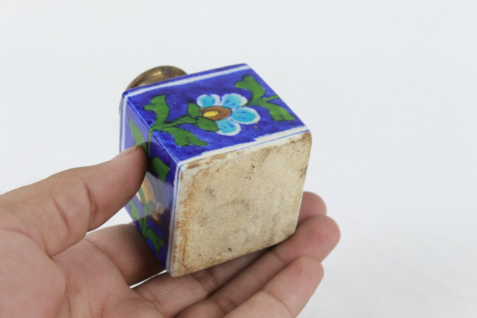 Vintage Ceramic Inkwell: Handmade Floral Design, Blue Pottery, Brass ...