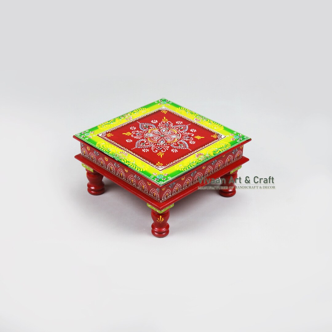 Hand-painted Wooden Chowki: Indian Handicraft Decor, Solid Wood Stool ...