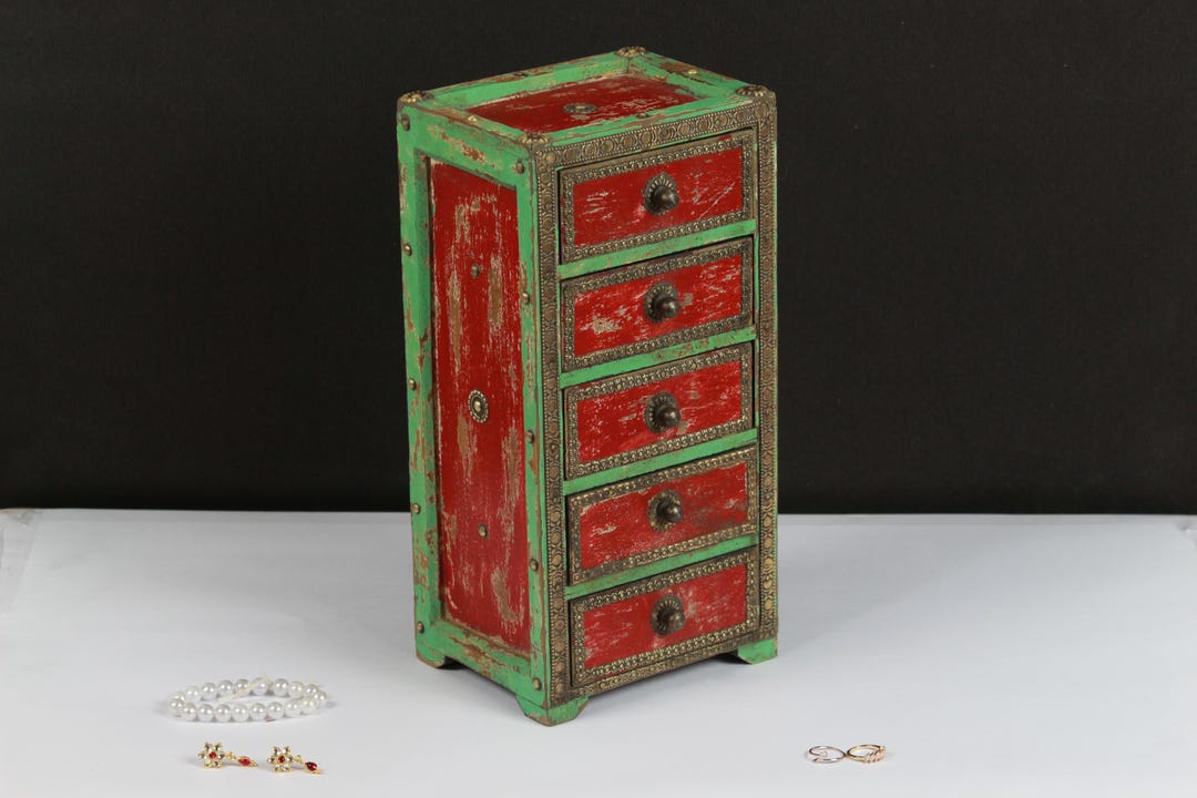 Vintage Handcrafted Wooden Jewelry Box: Red & Green Distressed Chest - Etsy