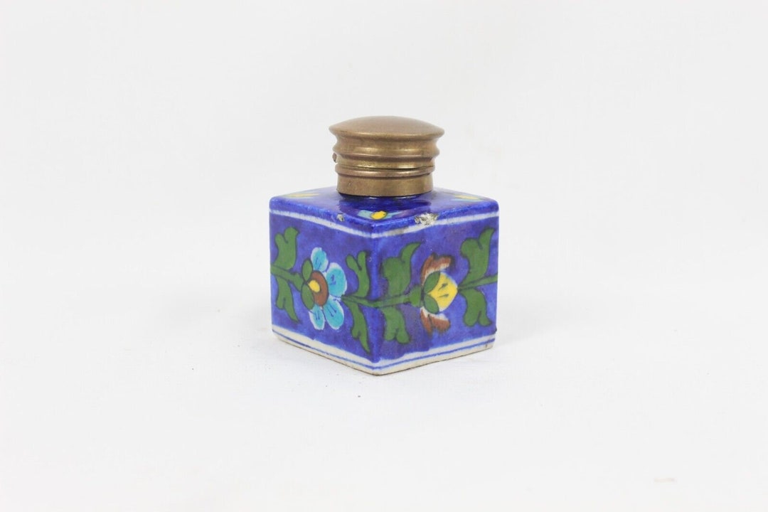 Ceramic Ink Pot Vintage Indian Blue Pottery Floral Art Old Brass Cap ...