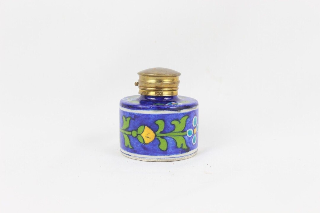 Ceramic Ink Pot Vintage Indian Blue Pottery Floral Art Design Brass Cap ...