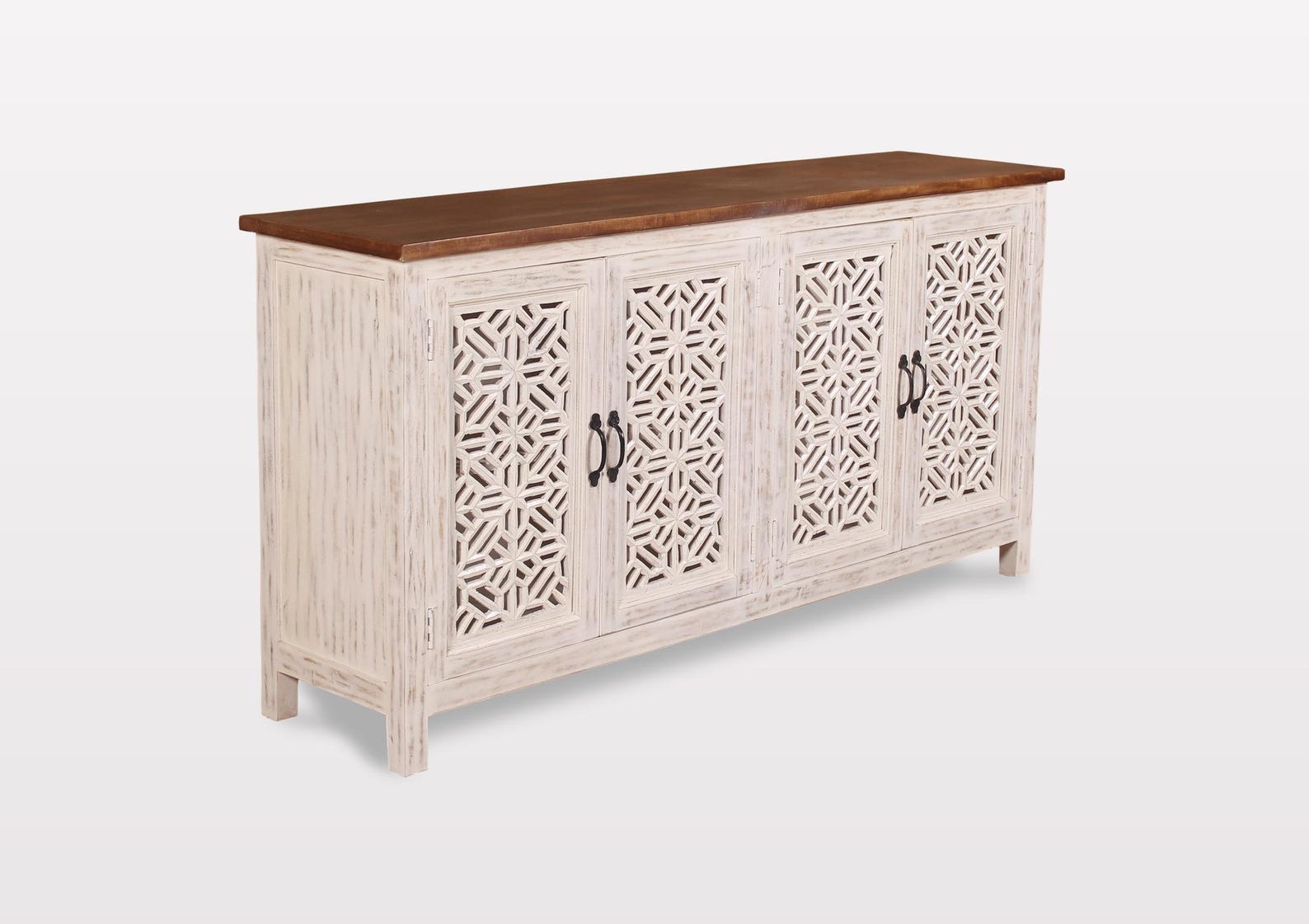 Carved Wooden Big Sideboard Distressed White Finish Ample Storage, 4 ...