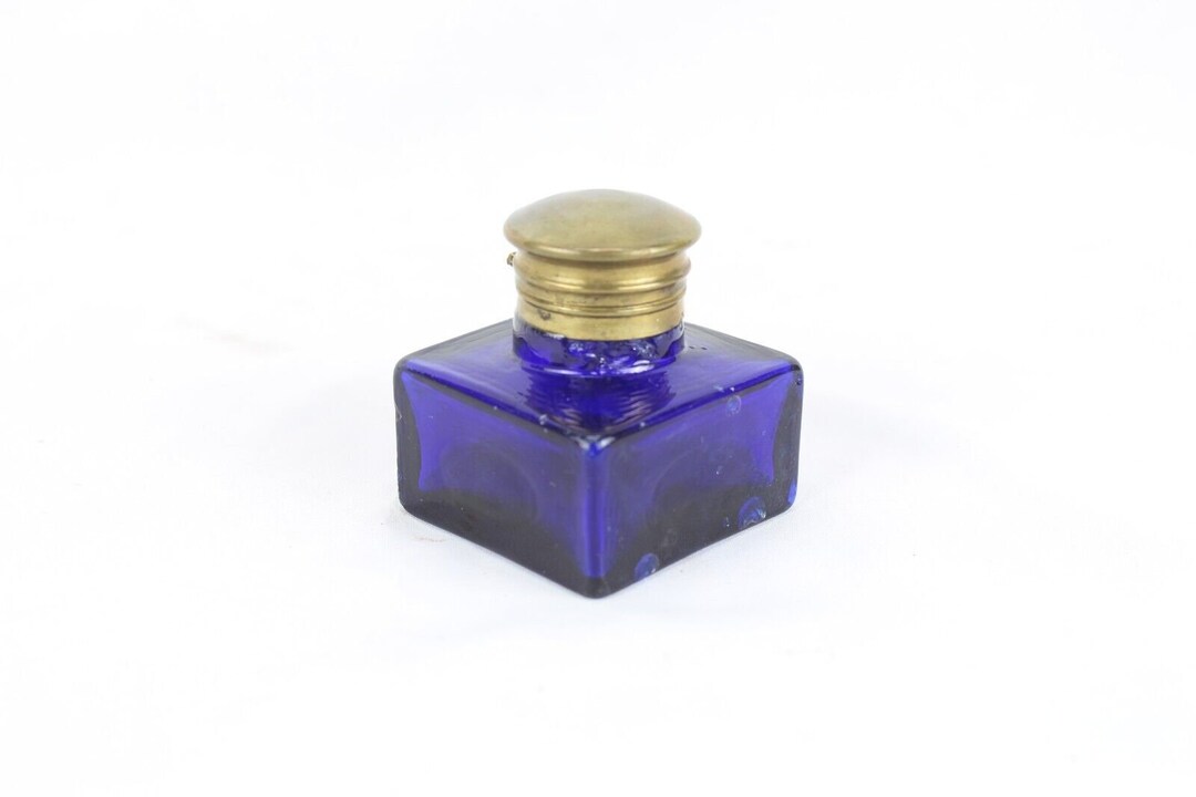 Cobalt Blue Glass Old Thick Glass Ink Pot With Brass Cap Fitted ...
