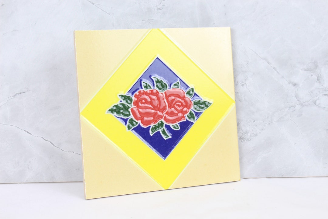 Vintage Yellow Tile: Red Roses Floral Accent Tile - Etsy