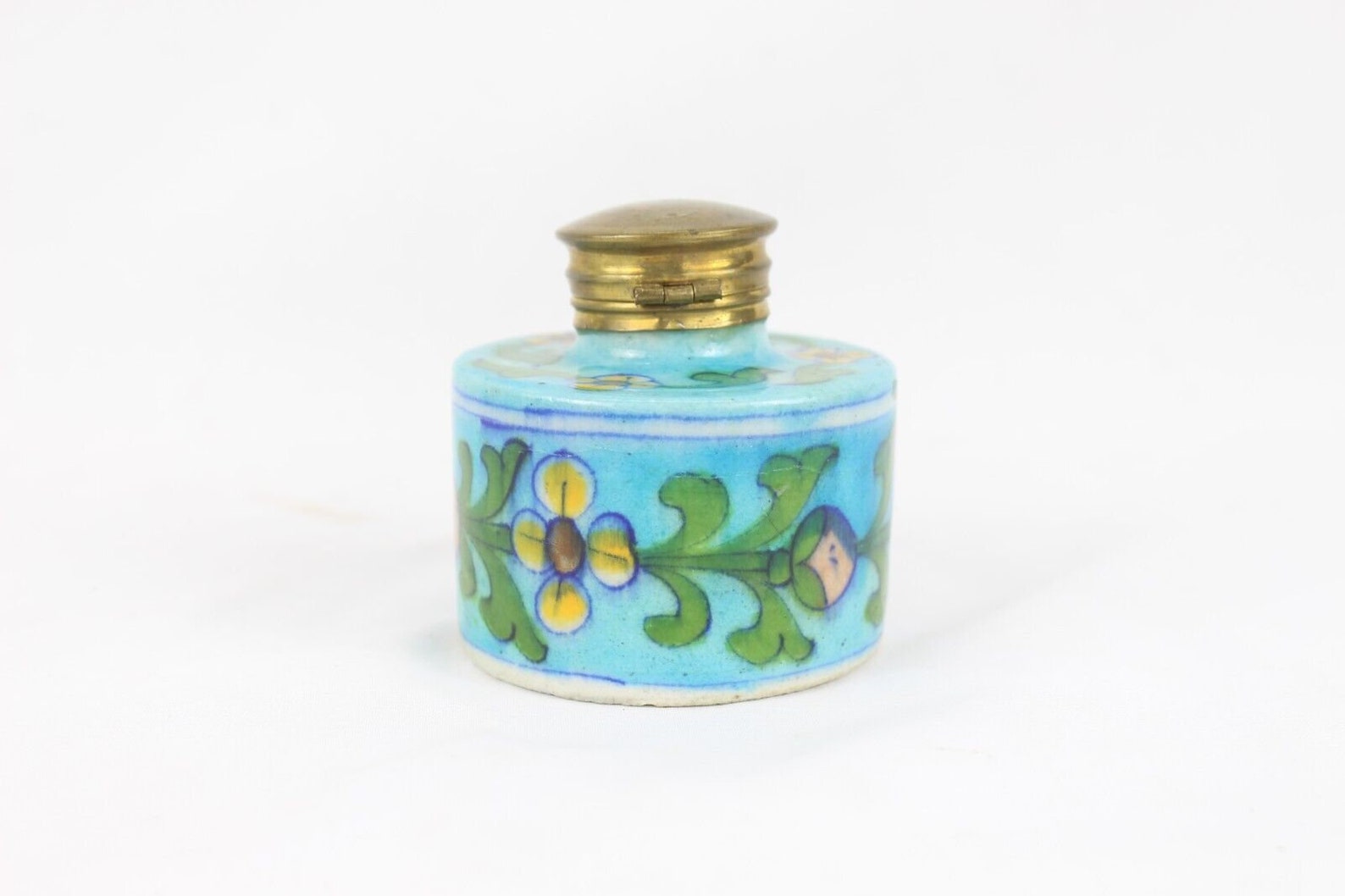 Vintage Indian Floral Art Blue Pottery Ceramic Ink Pot W/ Brass Cap Ink ...