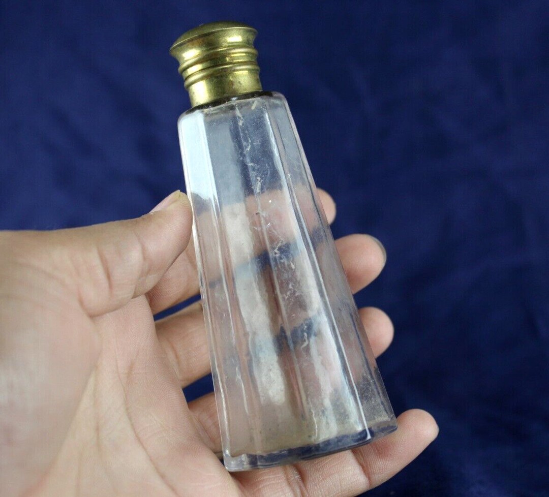 Antique Clear Glass Ink Pot: Old Brass Cap, Desk Decor Inkwell Bottle ...