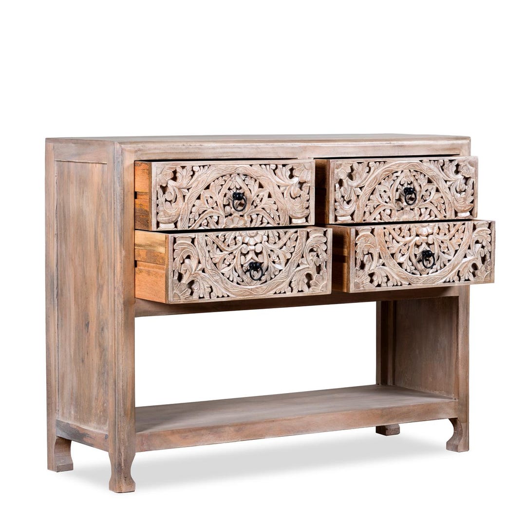 Hand-carved Mango Wood Console Table With Drawers Intricate Hand-carved Mango Wood Console Table ...
