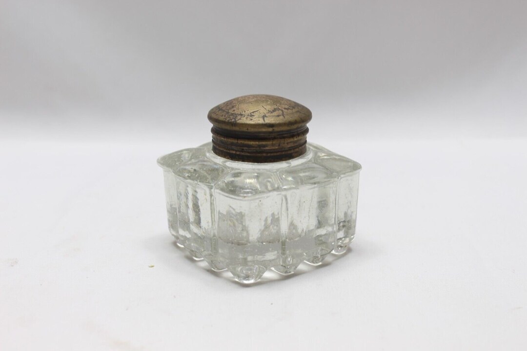 Rare Collectible: Antique Thick-cut Clear Glass Ink Pot Old Brass Cap ...