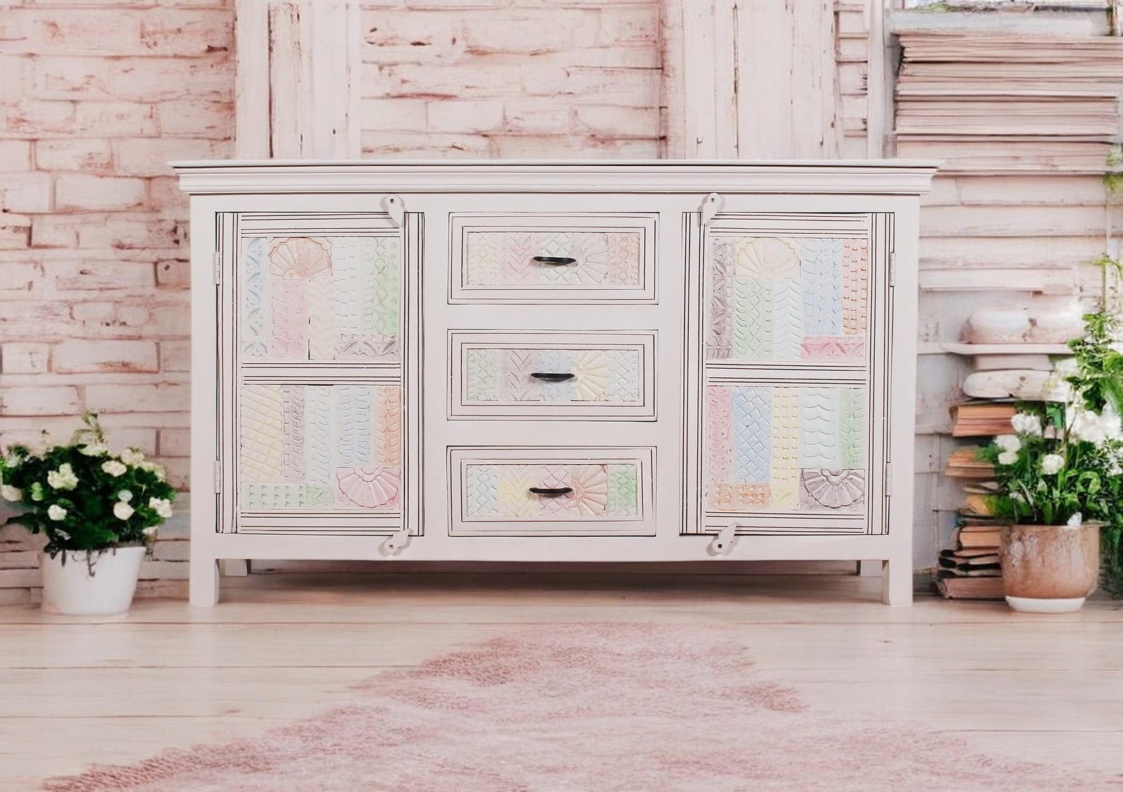 Elegant White Wash Sideboard With 3 Drawer & 2 Door Living Room Storage ...