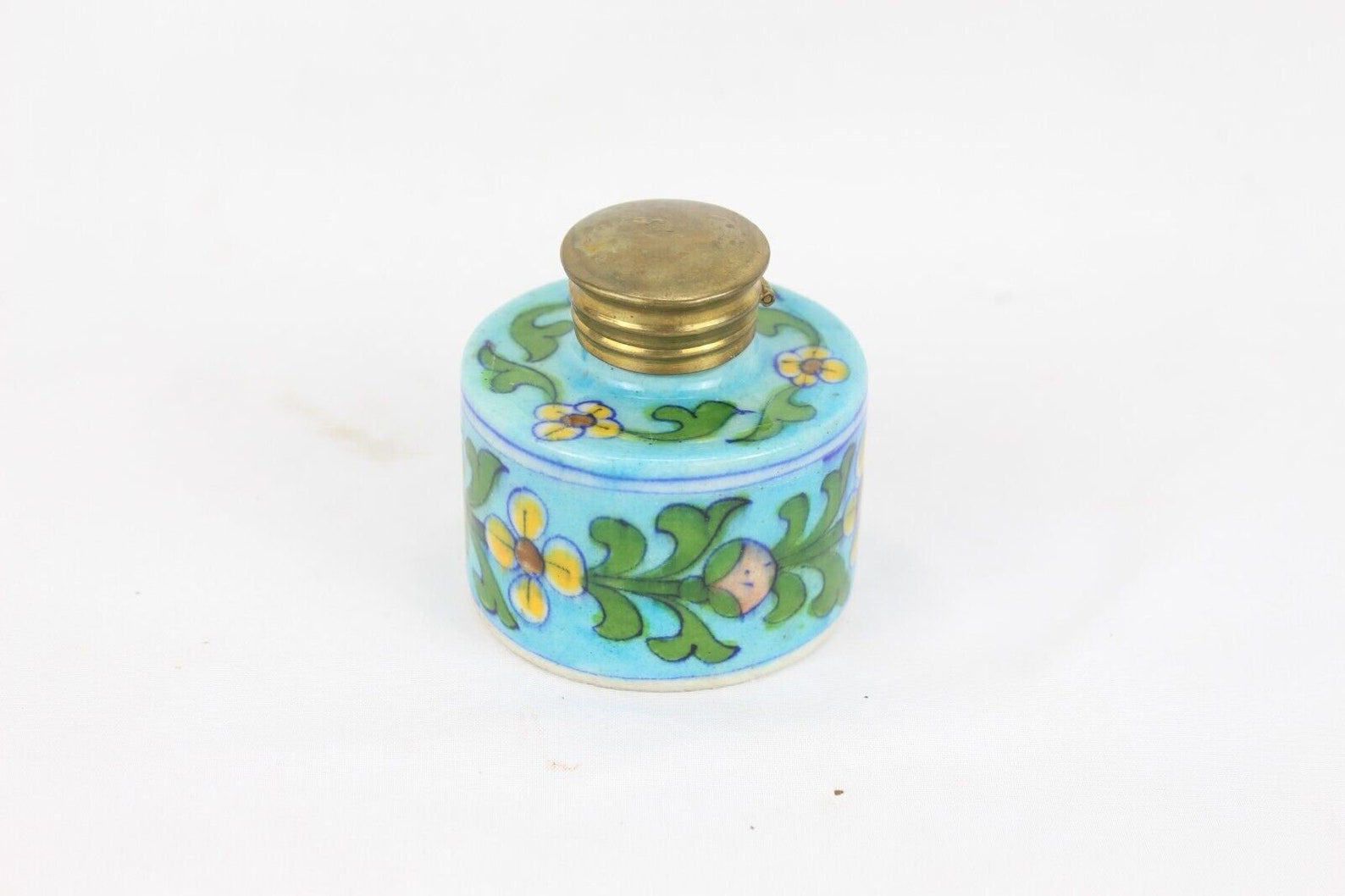 Vintage Indian Floral Art Blue Pottery Ceramic Ink Pot W/ Brass Cap Ink ...
