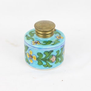 Vintage Indian Floral Art Blue Pottery Ceramic Ink Pot W/ Brass Cap Ink ...