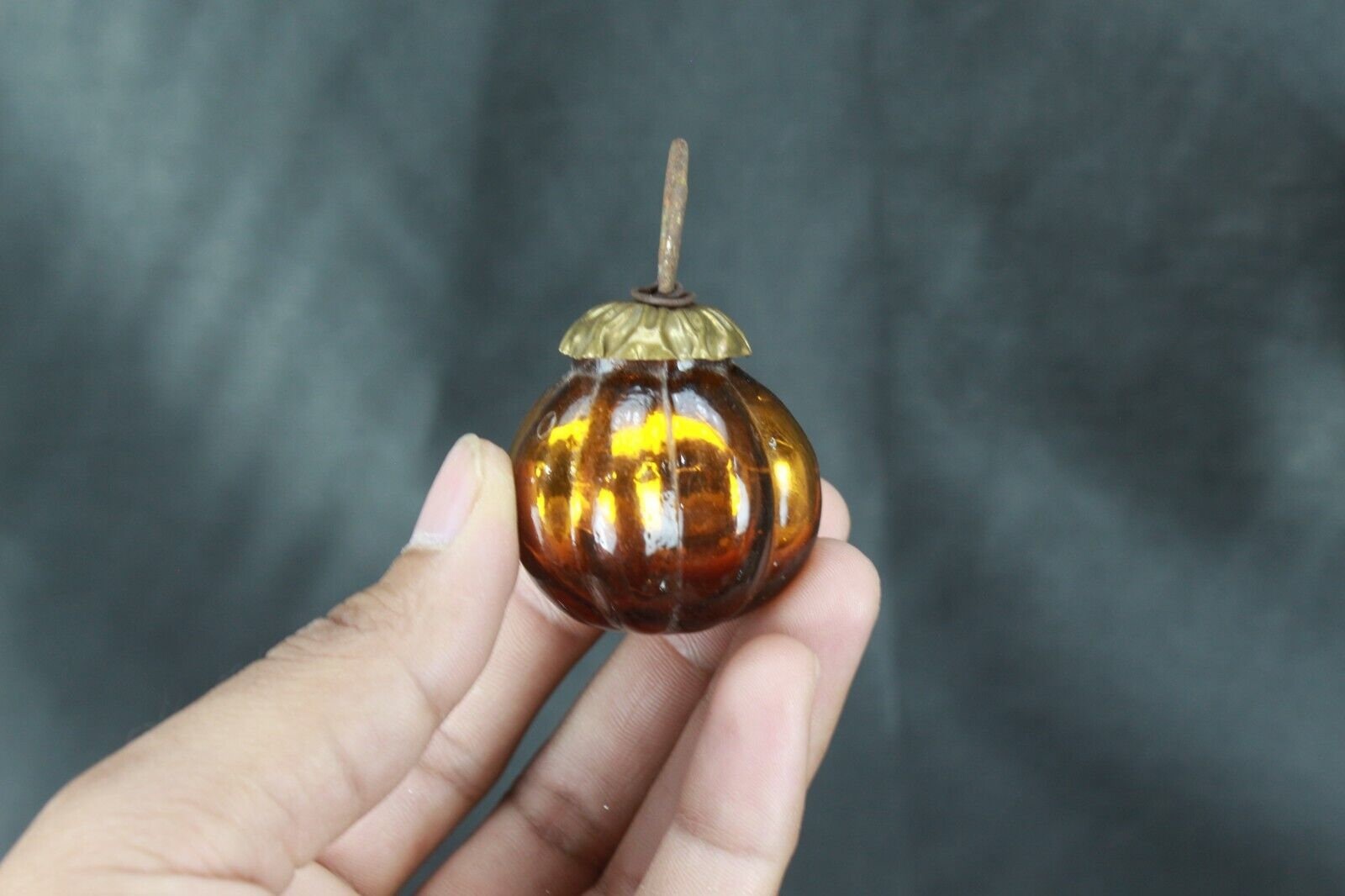 Antique Kugel Glass Ball Fruit Shape - Amber Glass With Brass Cap ...