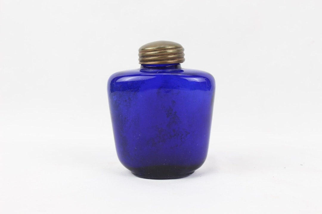 1900s Old Antique Cobalt Blue Perfume Flask Rustic Thick Brass Cap ...