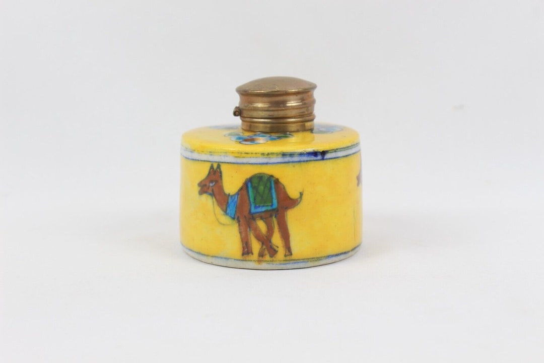 Vintage Old Ceramic Empty Ink Pot Brass Cap Indian Hand Painted Art ...