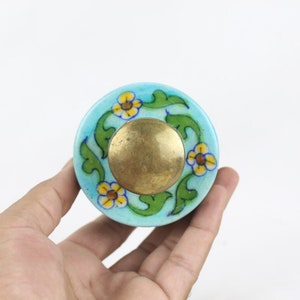 Vintage Indian Floral Art Blue Pottery Ceramic Ink Pot W/ Brass Cap Ink ...