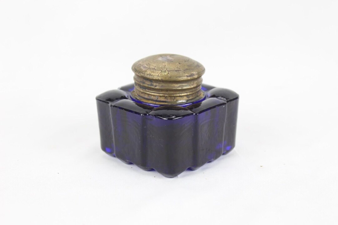 Vintage Thick Heavy Cobalt Blue Glass Ink Pot With Rustic Old Cap ...