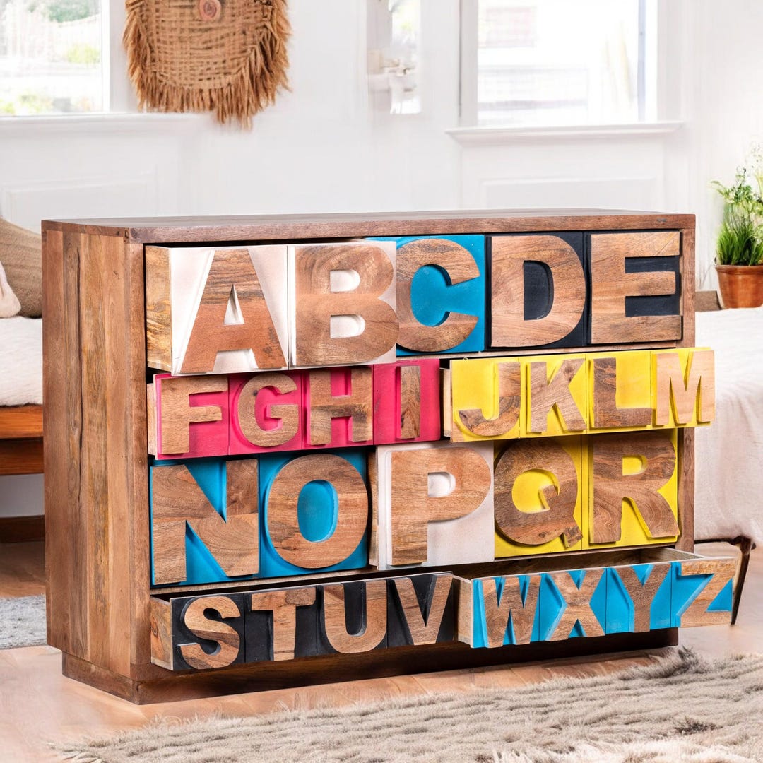 Colorful Alphabet Chest of Drawers, Unique Storage Mango Wood Handmade ...
