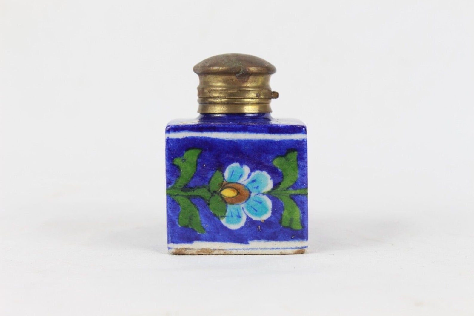 Vintage Ceramic Inkwell: Handmade Floral Design, Blue Pottery, Brass ...