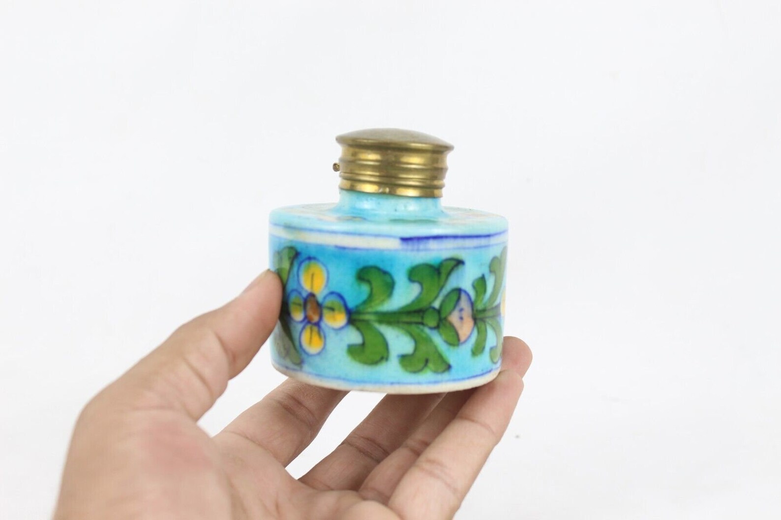 Vintage Indian Floral Art Blue Pottery Ceramic Ink Pot W/ Brass Cap Ink ...