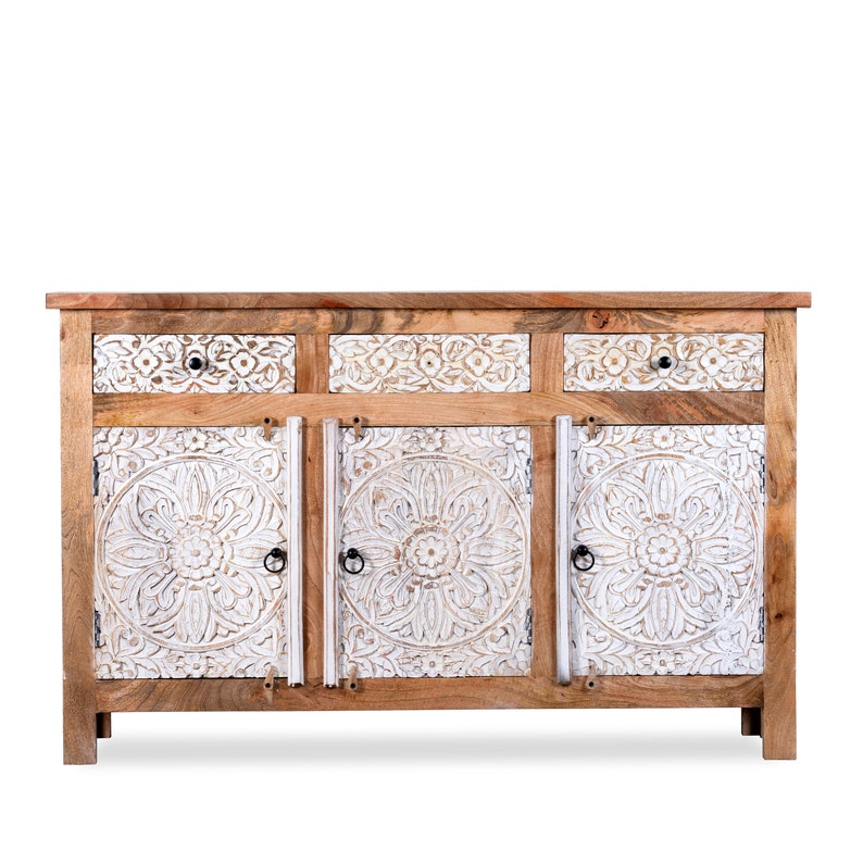 Vintage Hand-carved Mango Wood Sideboard Intricate Floral Carvings 3 Drawer 3 Door Home Decor ...
