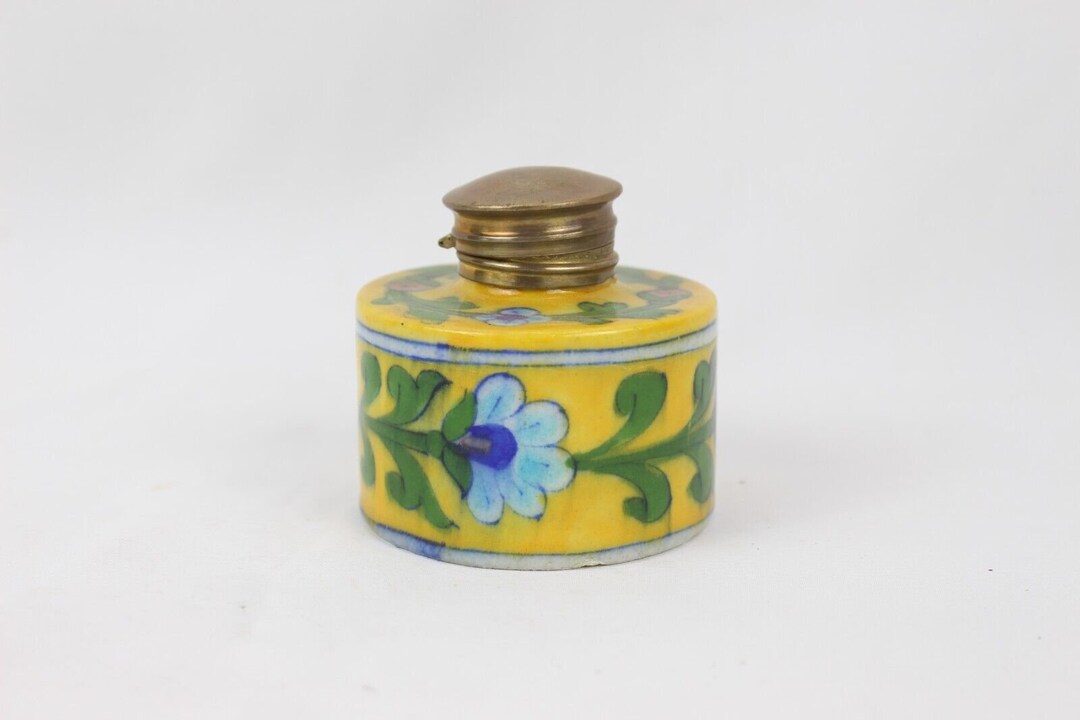 Old Hand-painted Blue Pottery Ceramic Ink Pot Floral Art - Brass Cap ...