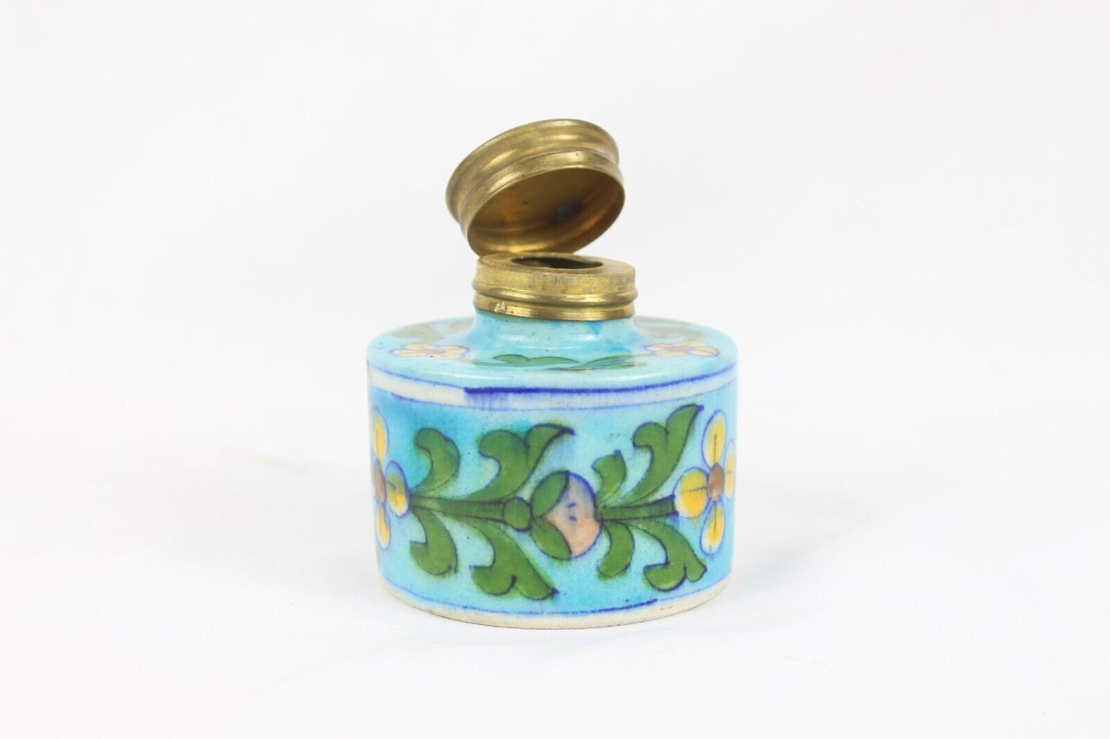 Vintage Indian Floral Art Blue Pottery Ceramic Ink Pot W/ Brass Cap Ink ...