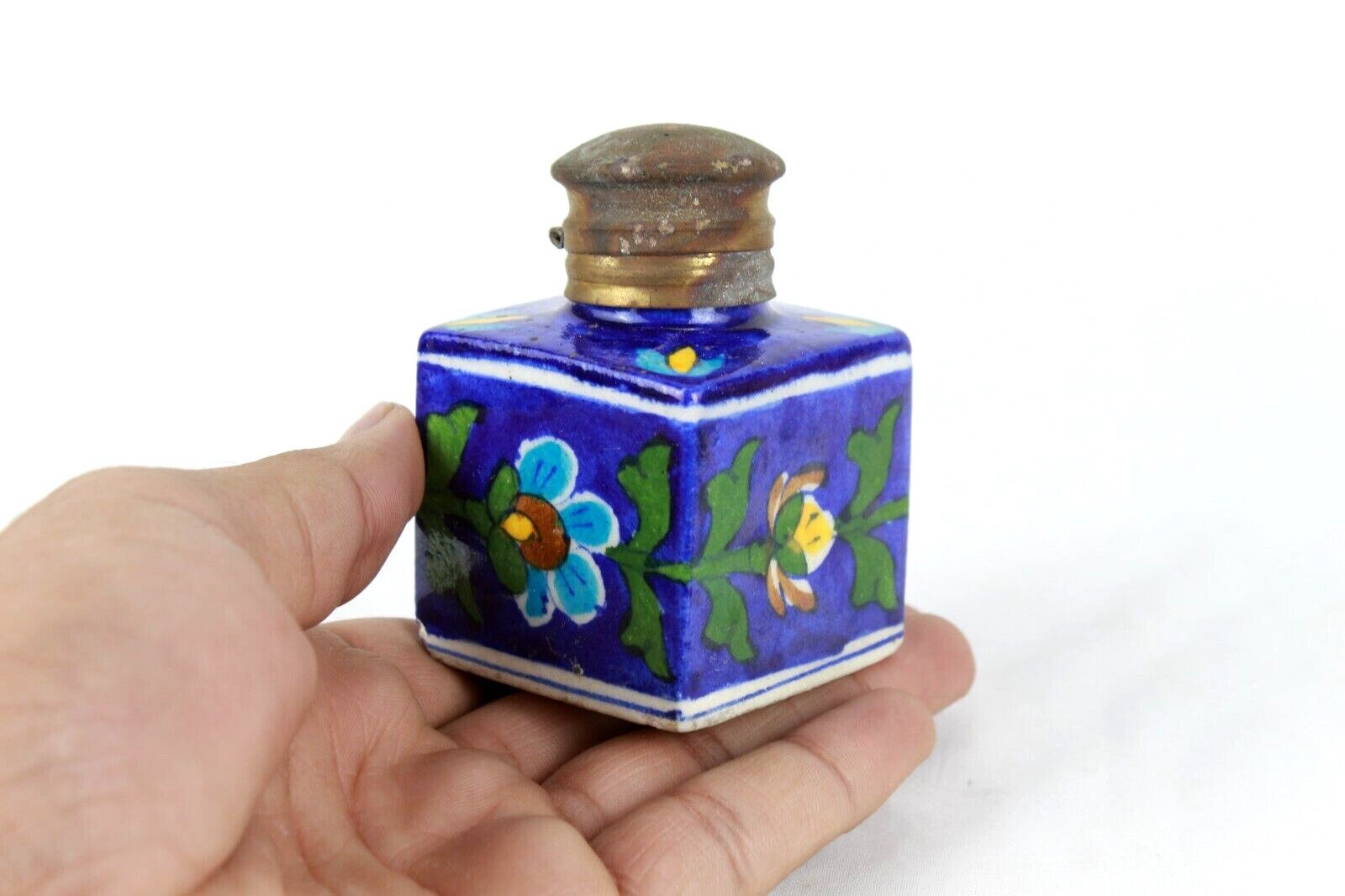 Victorian Blue Ceramic Inkpot: Old Indian Handmade Painted Floral ...