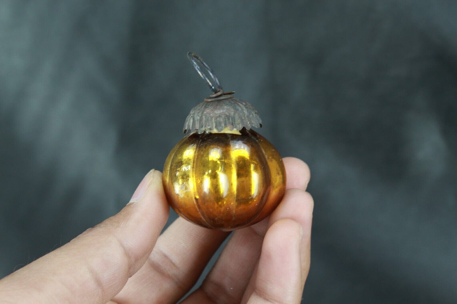 Antique Kugel Glass Ball Fruit Shape - Amber Glass With Brass Cap ...