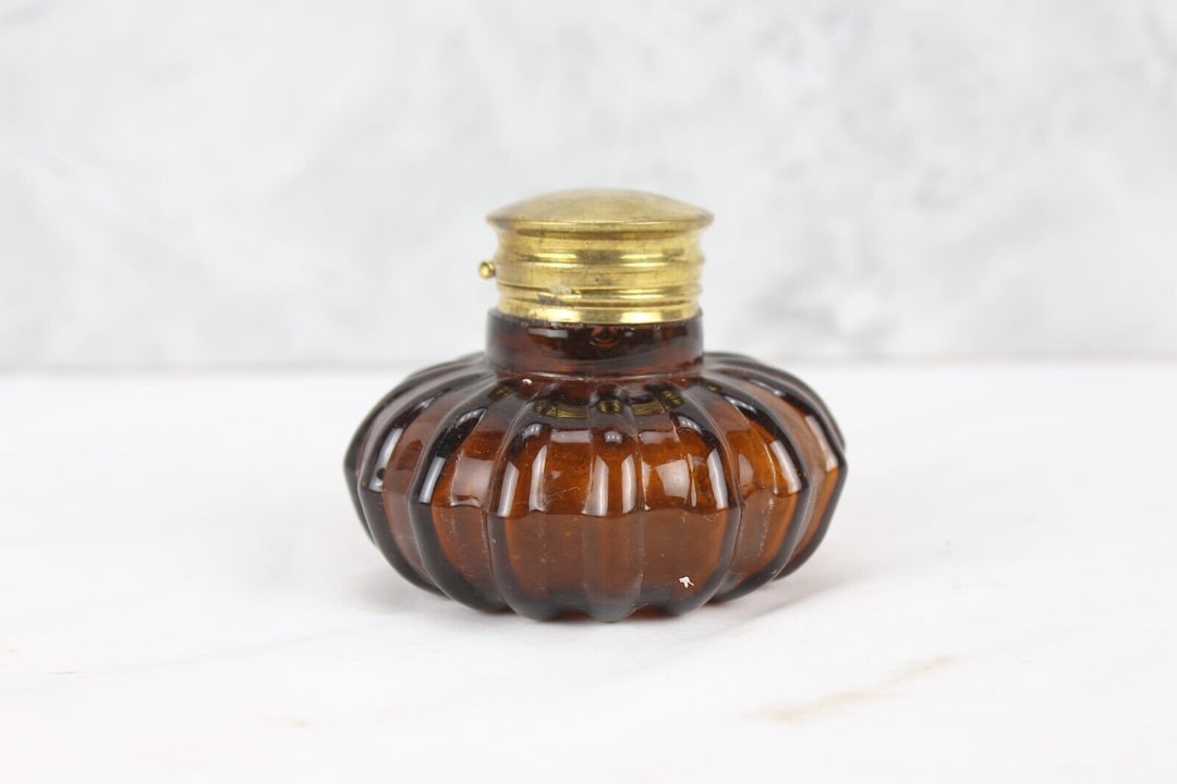 Vintage Dark Amber Glass Melon Shape Inkwell Desk Ink Pot Well With ...