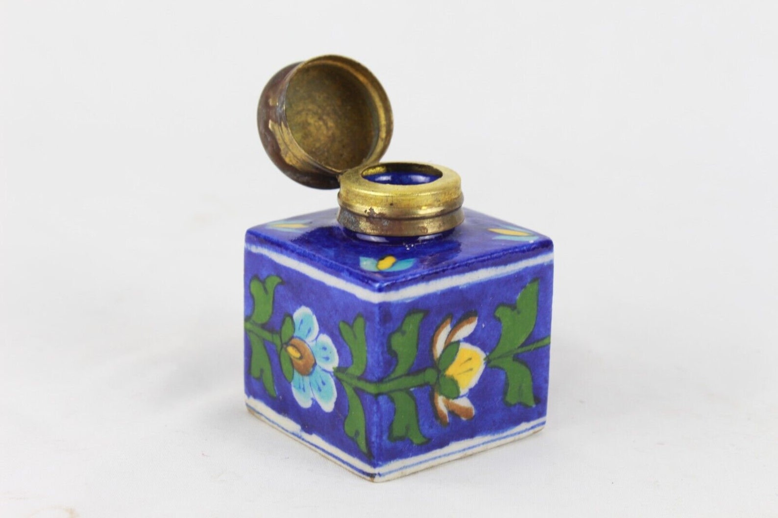 Vintage Ceramic Inkwell: Handmade Floral Design, Blue Pottery, Brass ...
