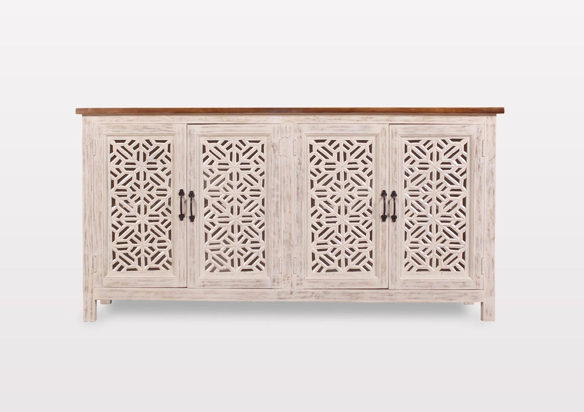Carved Wooden Big Sideboard Distressed White Finish Ample Storage, 4 ...