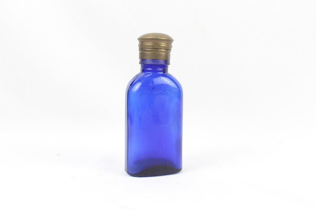 Old Cobalt Blue Glass Bottle With Rustic Brass Lid: Collectible Decor ...