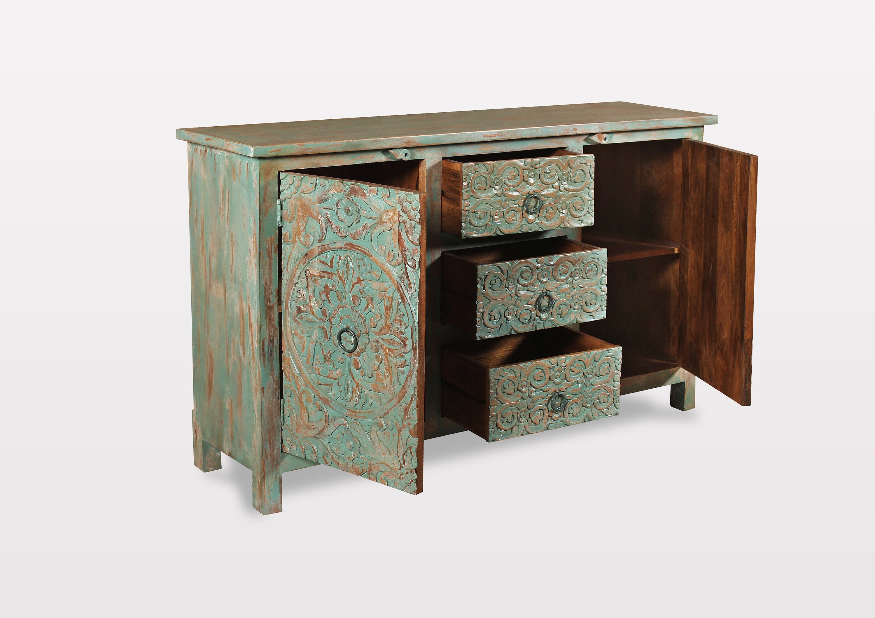 New Wooden Sideboard Buffet Indian Hand Carved Design 2 Door 3 Drawer ...