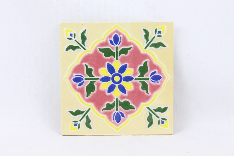 Vintage Moroccan Mosaic Floral Art Tile - Embossed Ceramic in a Stylish ...