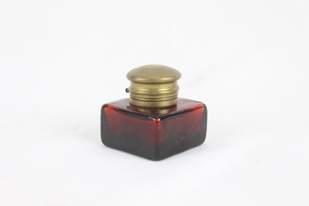 Vintage Style Dark Amber Glass Inkwell Brass Lid Square Ink Pot Rare ...