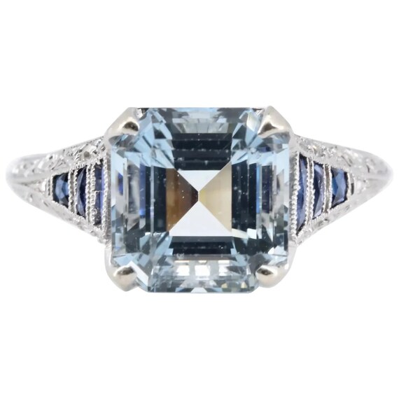 Art Deco Asscher Cut Aquamarin Saphir Diamant Ring in Platin Etsy